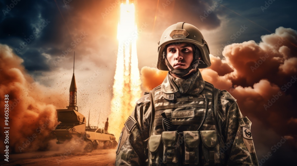 Rocket troops. Soldier near missile system. Man next to rocket launcher ...