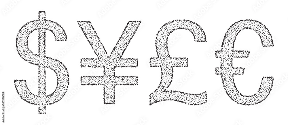 Stipple effect dotted currency signs of Dollar, Euro, Pound, Yen over ...