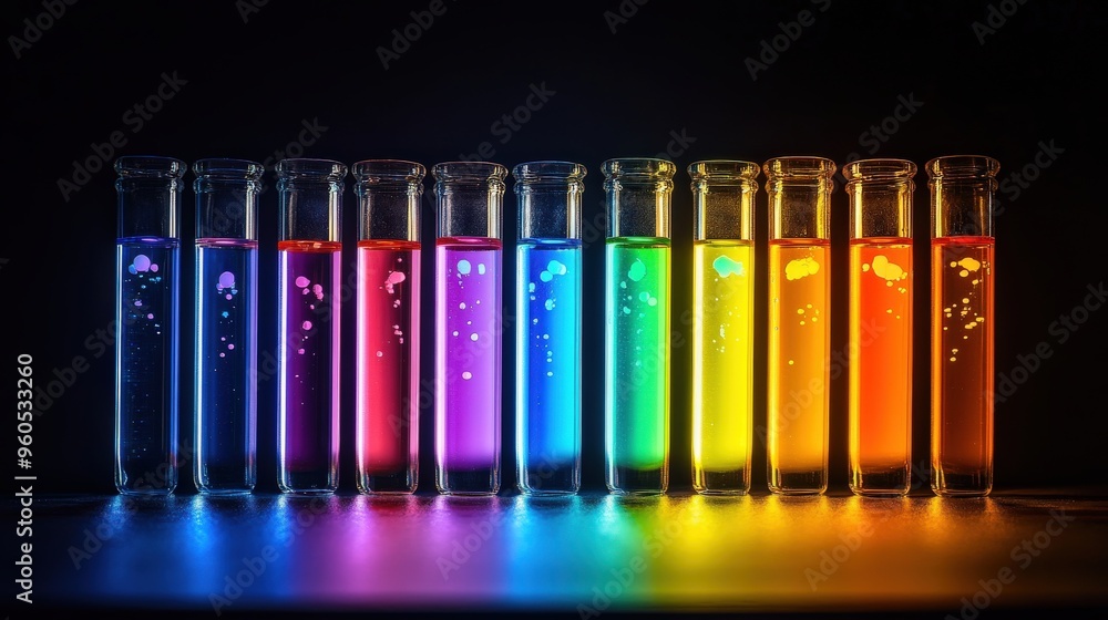 Multiple test tubes filled with various liquids exhibit a spectrum of ...