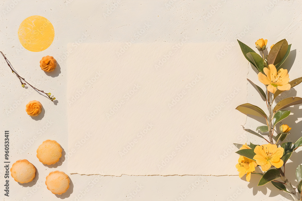 Cartoon frame with chinese mooncakes, flowers, full moon on beige ...