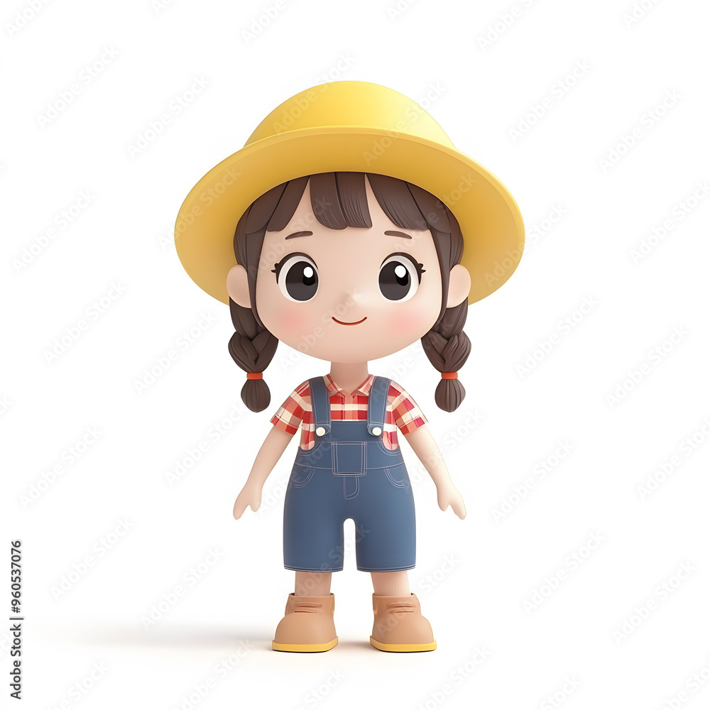 ภาพประกอบสต็อก Cute little farmer girl cartoon wearing hat and overalls ...