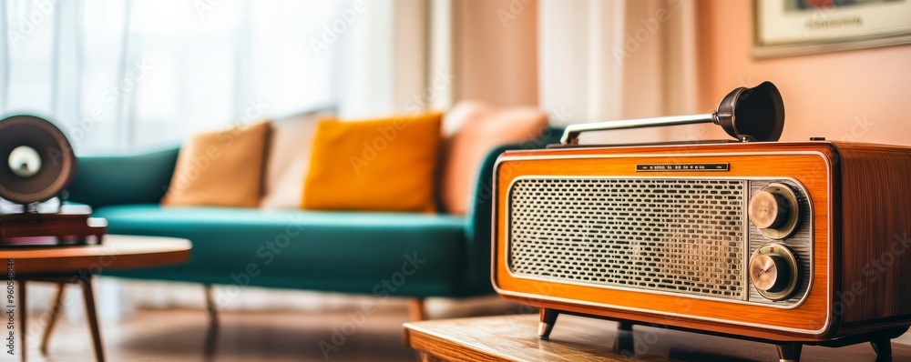 Classic 1930s radio in a living room with art deco furniture and a ...