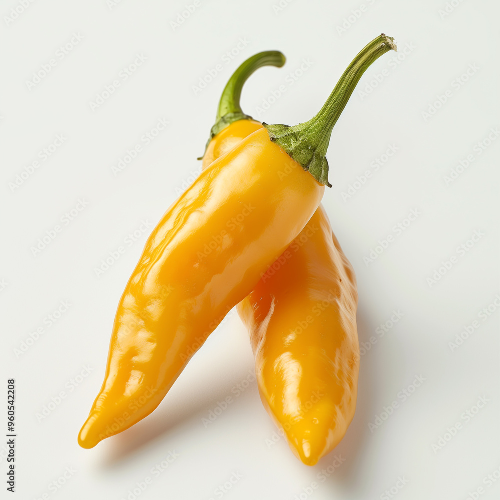 Aji Amarillo chile pepper fruit group, studio photography white ...