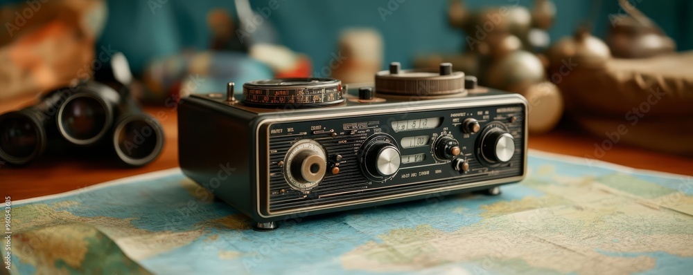 Vintage military-style radio with rugged dials and metal casing, set in ...