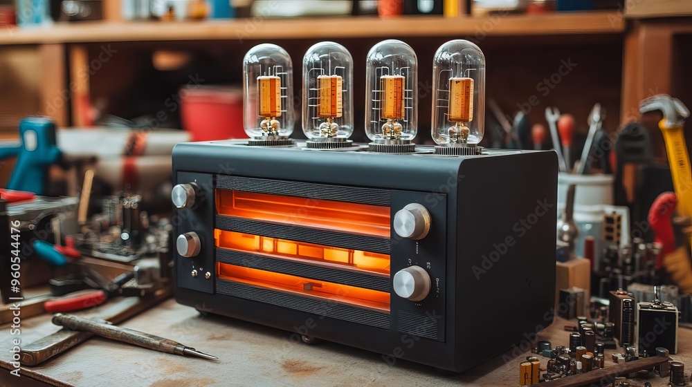Vintage radio with exposed vacuum tubes on display, set in a workshop ...