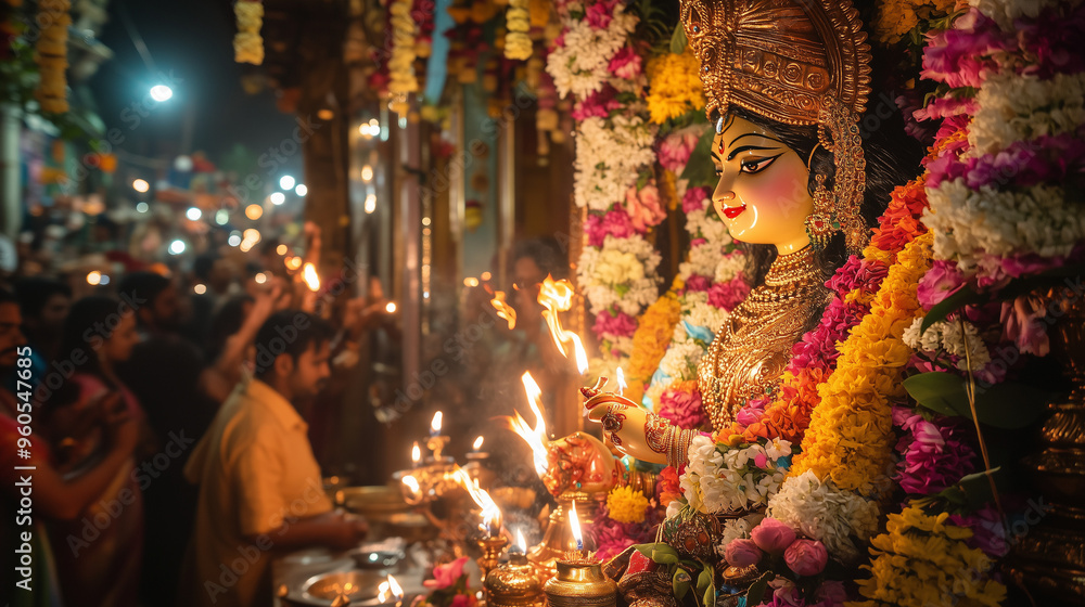 Navaratri festival, a huge idol of Goddess Durga adorned with colorful ...