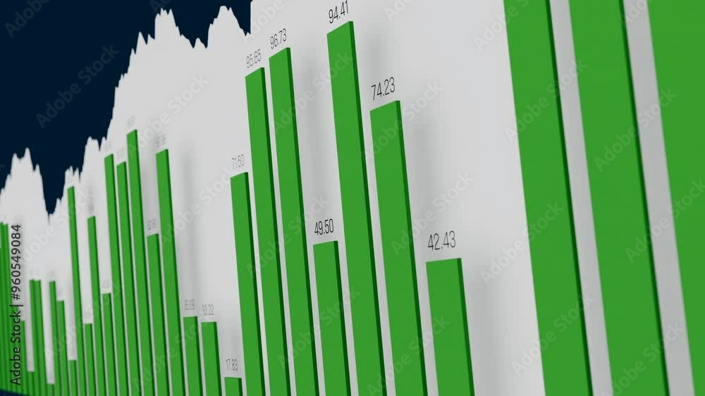 Abstract green bar graph with financial figures. White chart and ...