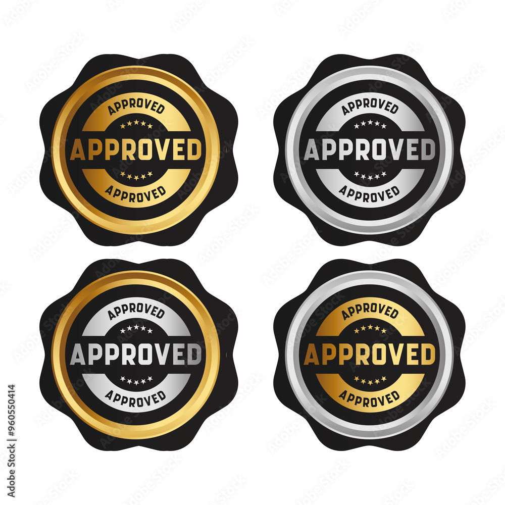 Approved badges in gold and silver colors Combination with stars on a ...