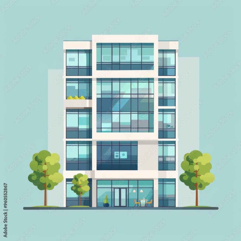 Modern five-story building with large windows and surrounding greenery ...