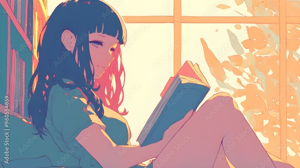 An anime character sits reading a book, with the scene reduced to ...