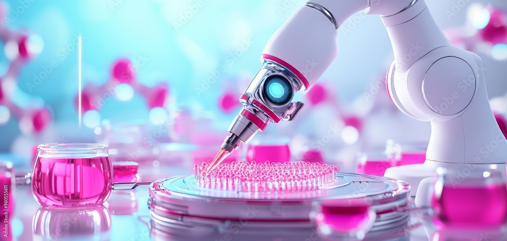 Sterile biotechnology lab with robotic systems handling genetic samples ...