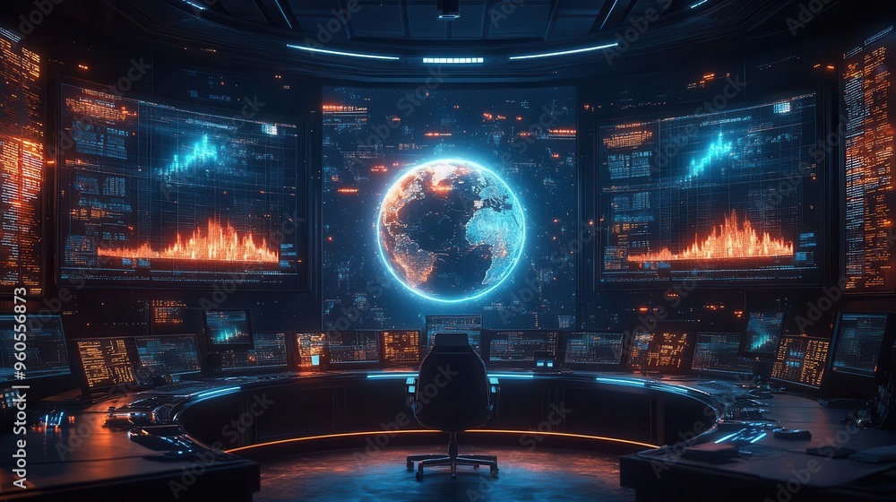 virtual news studio with ai anchor holographic globe and realtime data ...