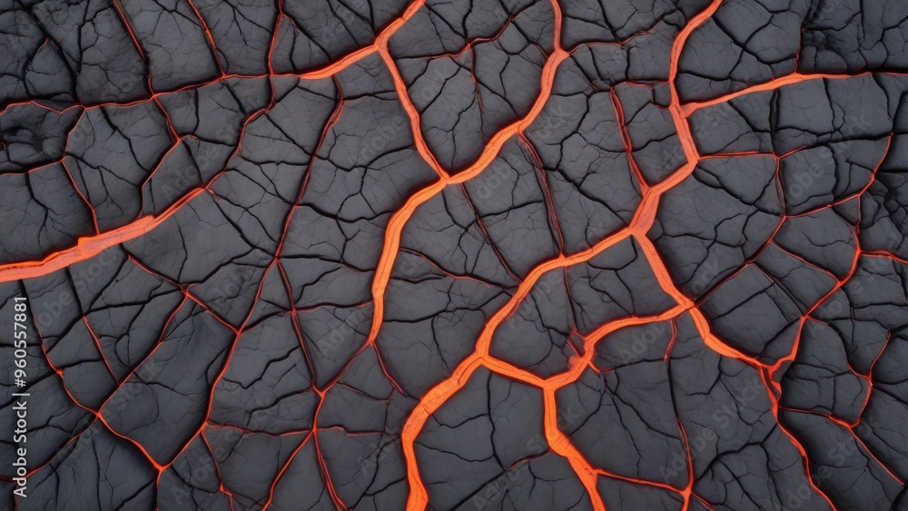 Hot lava through cracked ground. Burnt black magma and soil texture ...
