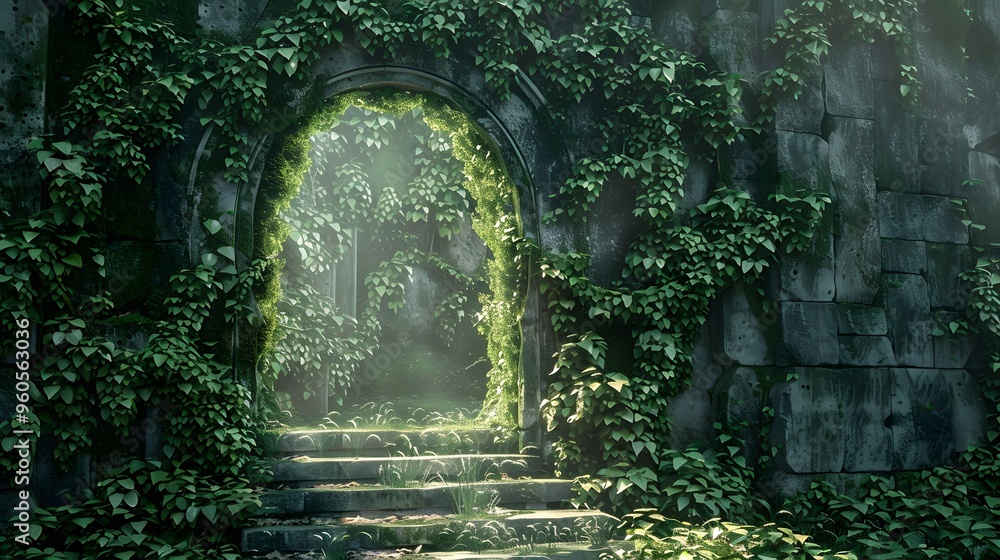Spectacular fantasy scene with a portal archway covered in creepers In ...