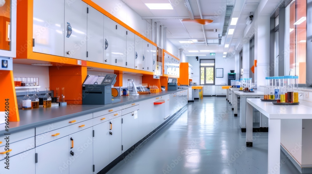 A modern chemistry lab in a school, fully equipped with safety features ...