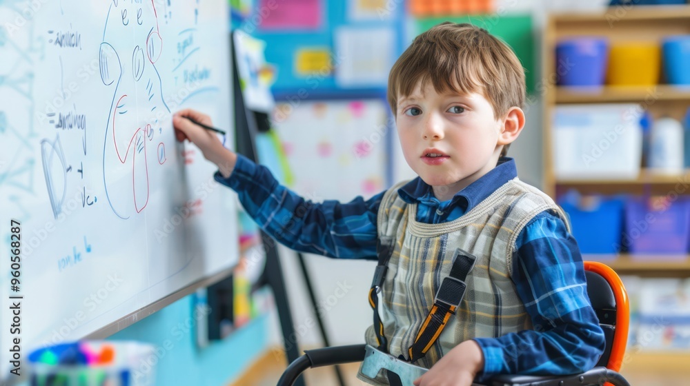 A handicapped child using an accessible classroom whiteboard with ...
