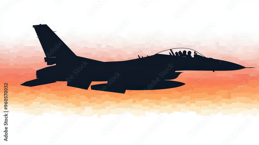 Silhouette of a fighter jet against a gradient sunset sky, capturing a ...
