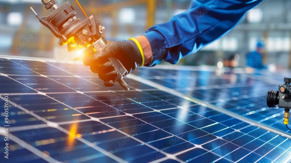 Solar panels being tested for efficiency by an engineer, with close-up ...