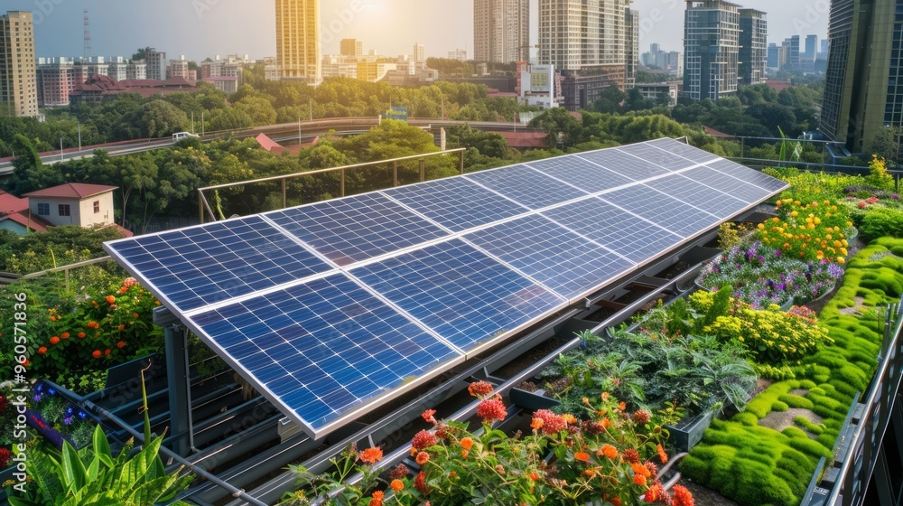 Solar panel installation on a green rooftop garden, blending renewable ...