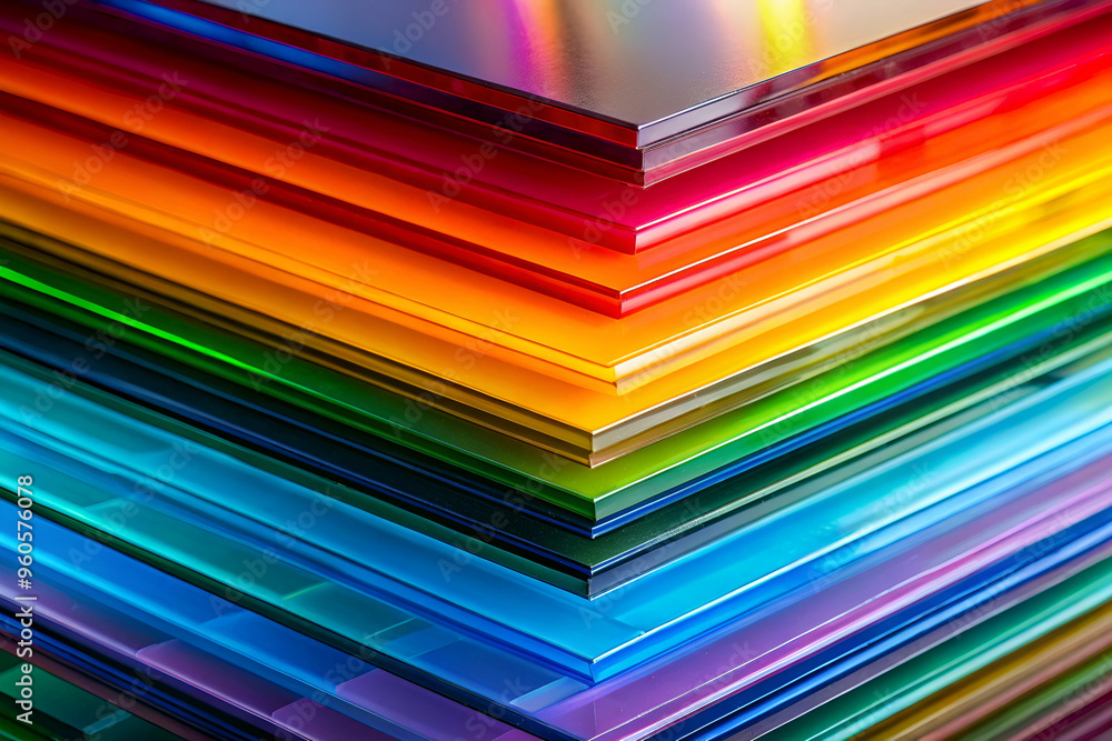 A stack of colorful plastic sheets with a rainbow pattern. The sheets ...