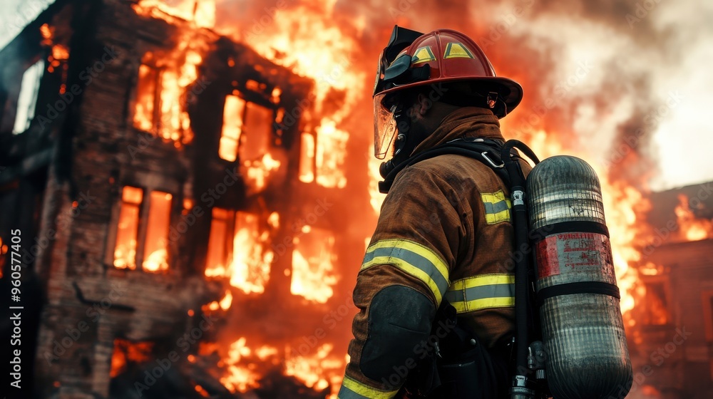 A firefighter stands resolute in front of a historic structure consumed ...