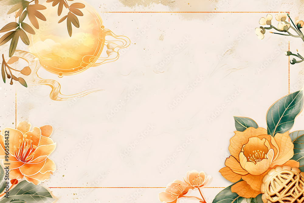 Cartoon rectangle frame with chinese mooncakes, flowers, full moon on ...