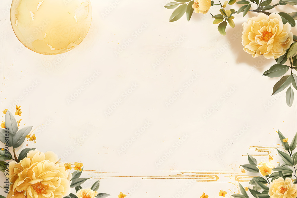 Cartoon rectangle frame with chinese mooncakes, flowers, full moon on ...