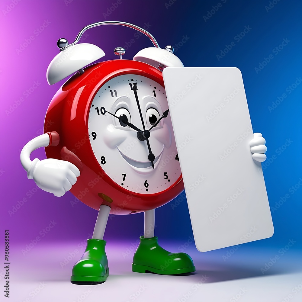 3D animated alarm clock character with a sharp, bright, glossy red body ...