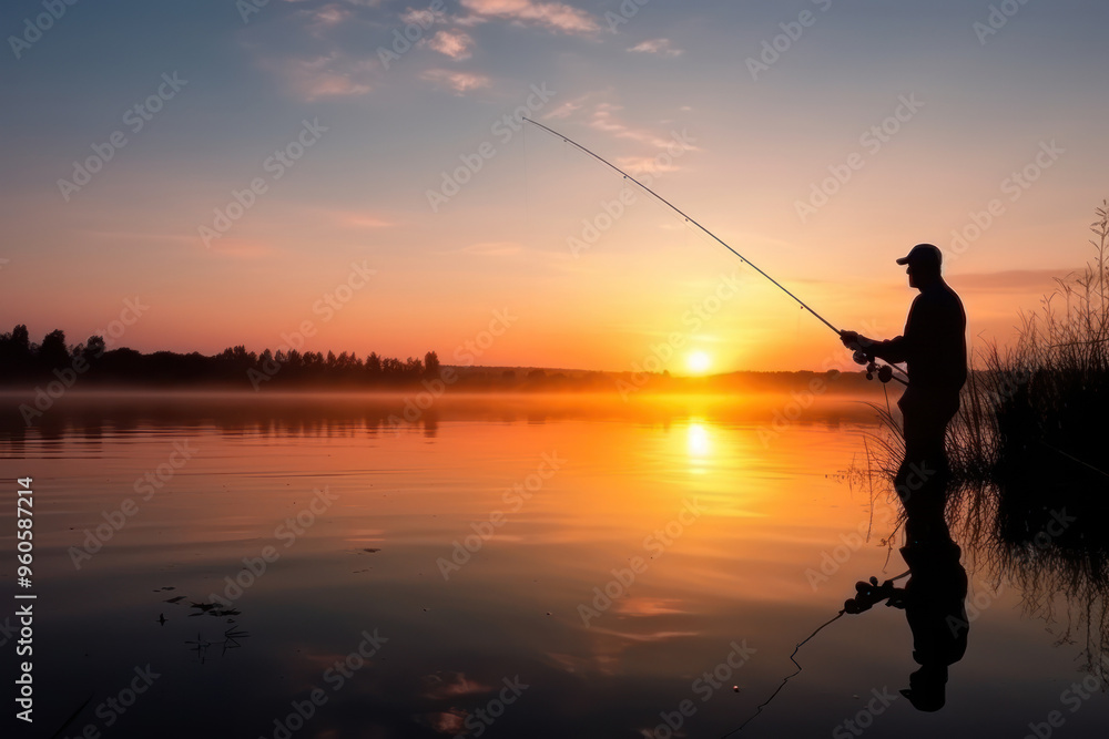 Fisherman fishing standing in the water at dawn, holding his fishing ...