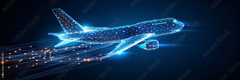 Digital plane in low poly wireframe design, future logistics ...