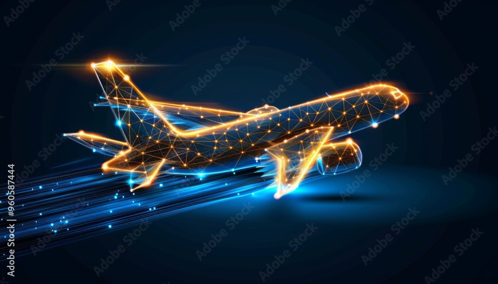 Digital plane in low poly wireframe design, future logistics ...