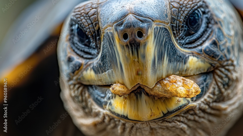A close-up of a turtle beak as it nibbles on a piece of food, with the ...