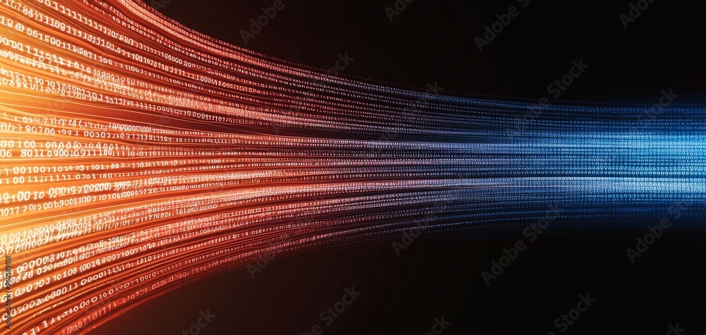 Cascading streams of binary digits overlaid with light side view ...