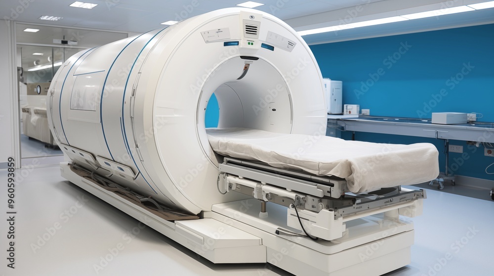 Advanced MRI machine in a modern hospital room featuring a comfortable ...