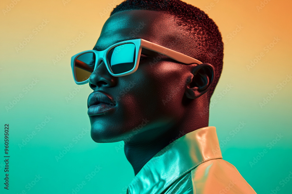 Fashionable Men in Light Gray Eyewear with Solid Neon Teal Background ...