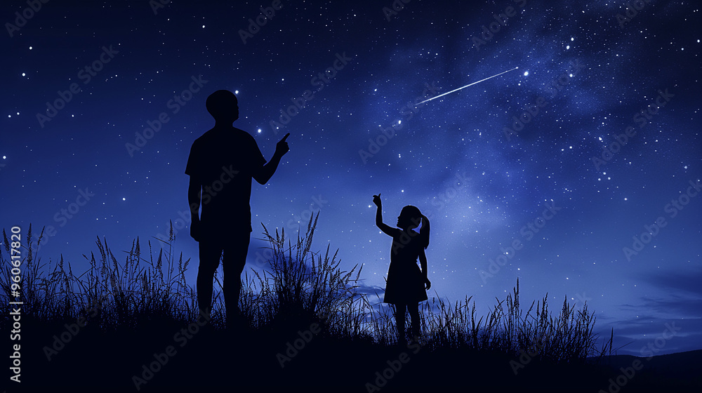 Father and daughter stargazing under a clear night sky, shooting star ...