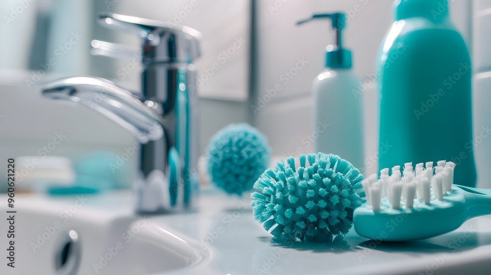 Germs on bathroom cleaning tools,germs, bathroom,illustrating improper ...