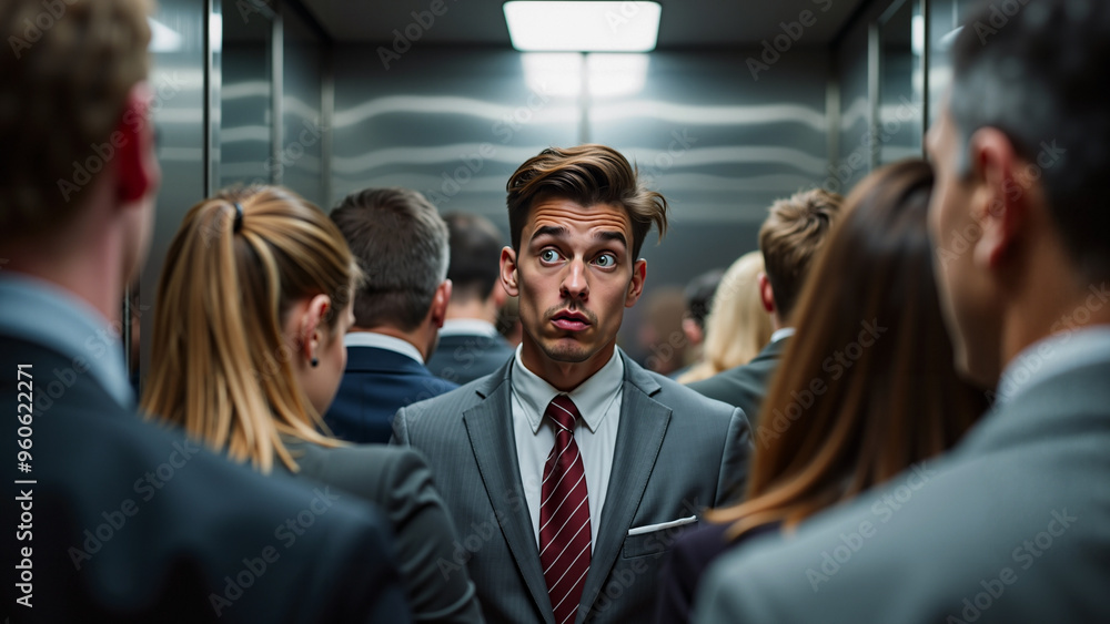 Man overwhelmed in a crowded elevator expressing anxiety and confusion ...