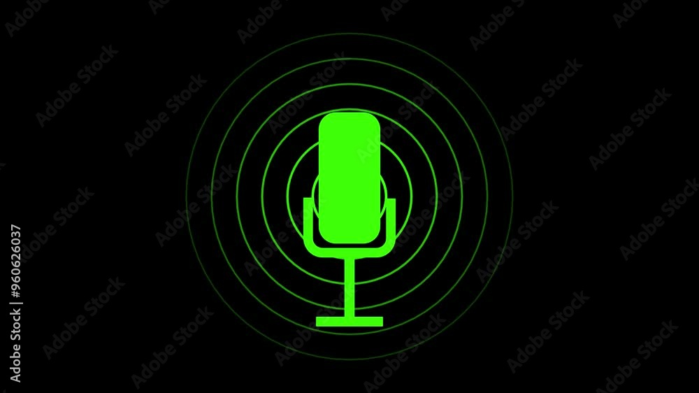 Flat microphone animation for recording podcasts with green radio waves ...