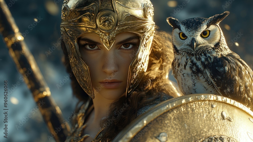 Ethereal Athena in armor, holding a shield and spear, with an owl ...