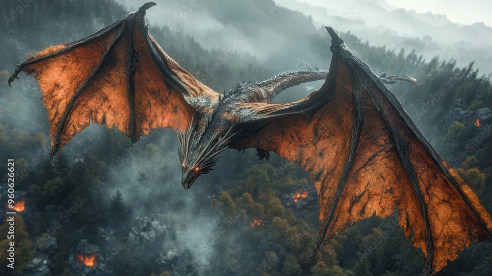 Detailed wyvern with bat wings, soaring over a battlefield, symbolizing ...