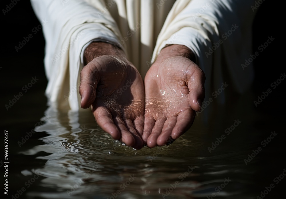 Jesus Christ, hands in water, wearing a white robe, in a photo taken ...