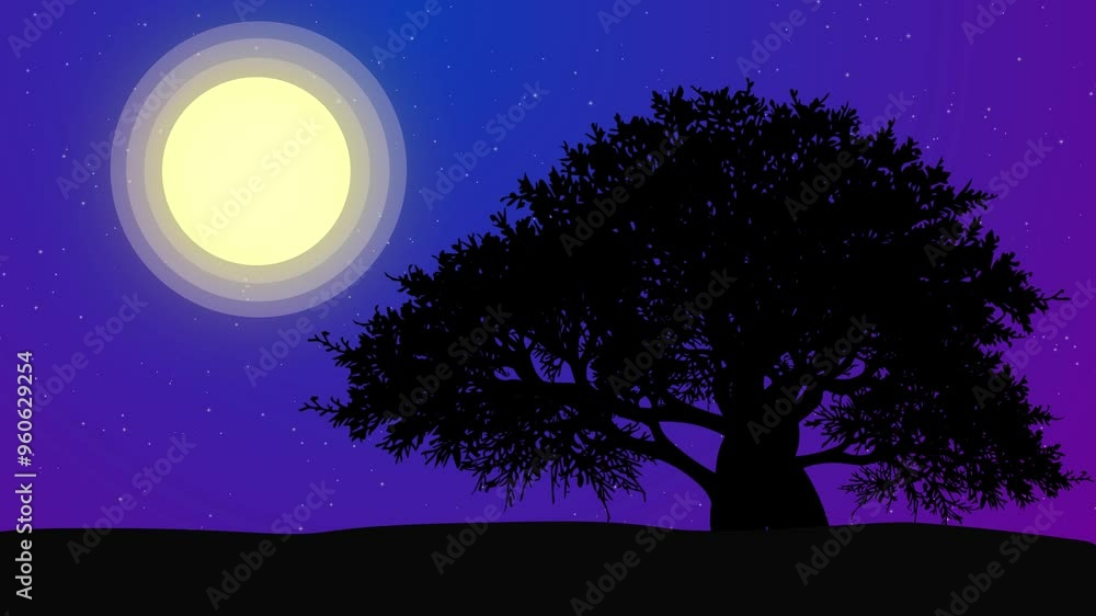 Black Silhouette Tree Moving At Starry Night And Full Glowing Moon ...