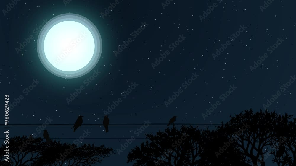 Black Birds Sitting On Wire At Night View Animation Background. 2d ...