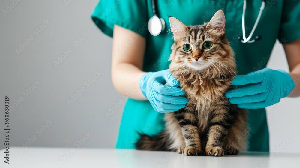 Veterinarian treating a cat, wearing green scrubs and blue gloves, in a ...