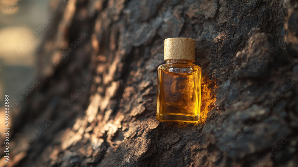 A small bottle of fragrant agarwood oil sits against the rough bark of ...