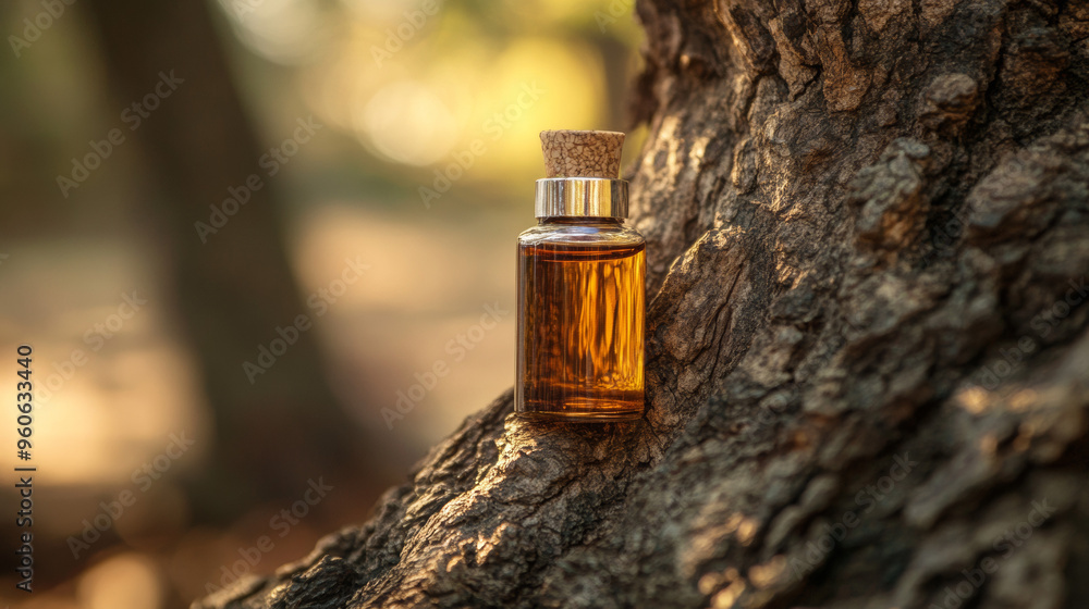 A small bottle of fragrant agarwood oil sits against the rough bark of ...