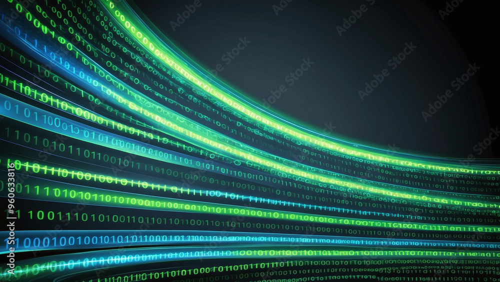 Binary Code Streams Green And Blue Data Flow Across A Dark Futuristic Digital Landscape Stock