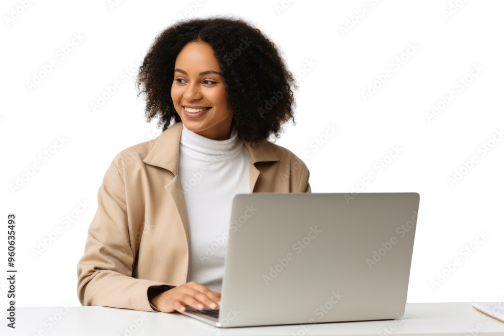 PNG Smiling woman using laptop Stock Photo | Adobe Stock