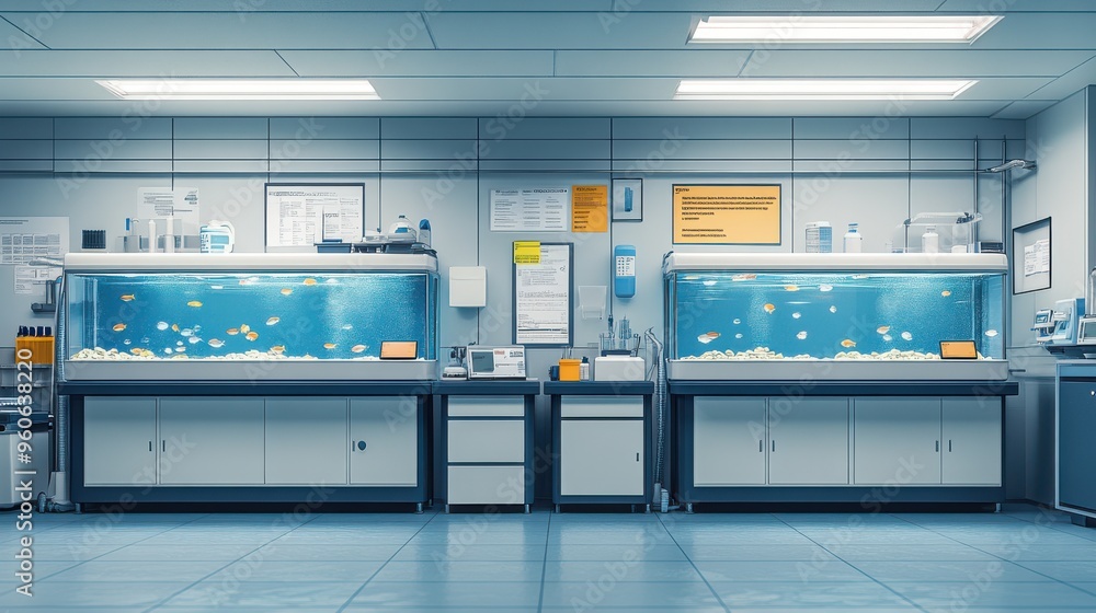 Fish research clipart showing a laboratory setting with fish tanks on a ...
